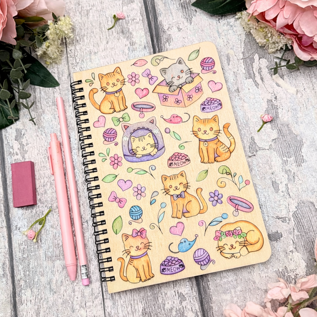 Purr-fect Pages A5 Notebook – Kitty Cat Wooden Cover – LMGiftsbyDee